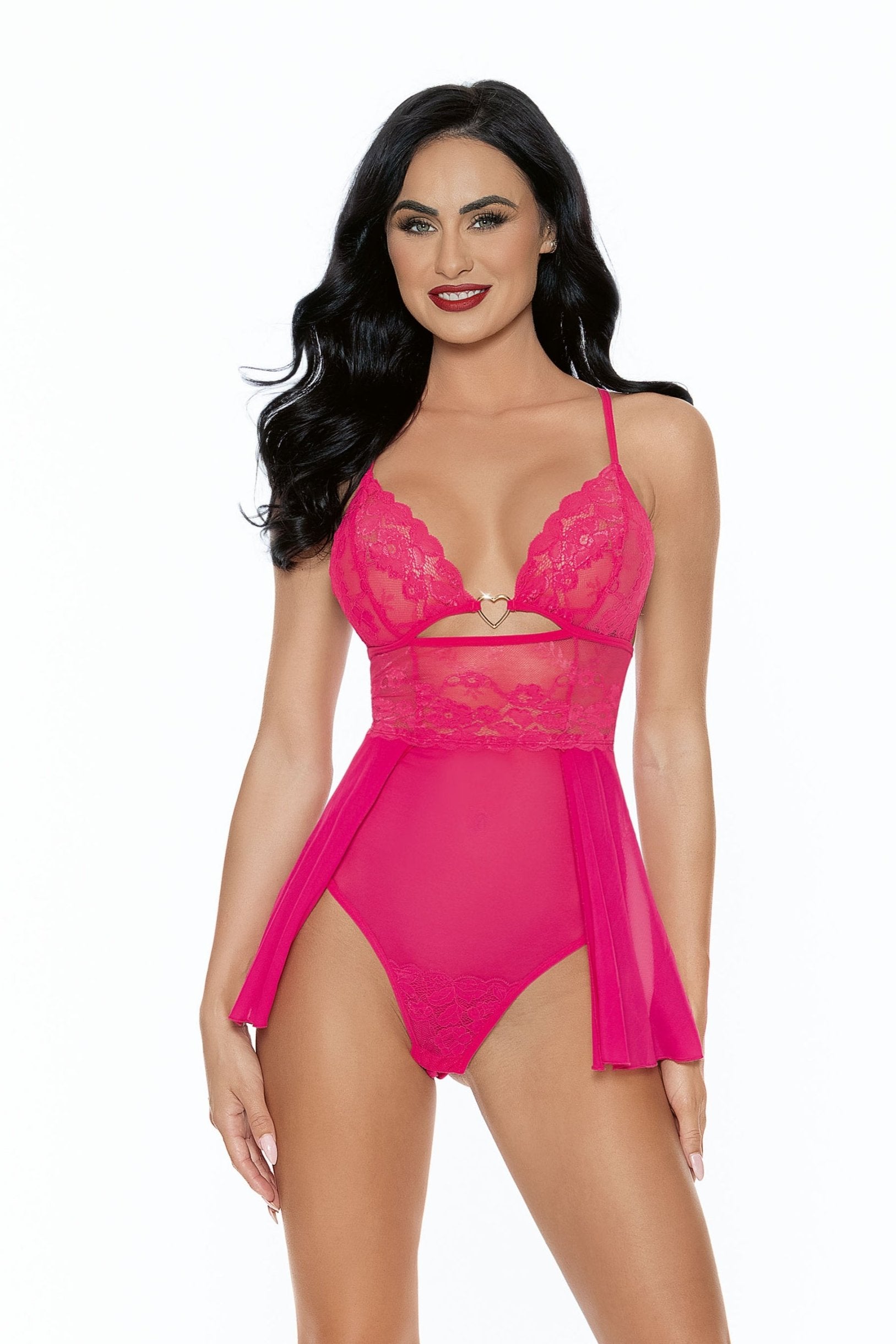 Escante Lingerie Lace Mesh Heart Teddydoll Teddy Fuchsia Pink – FSLT Lingerie